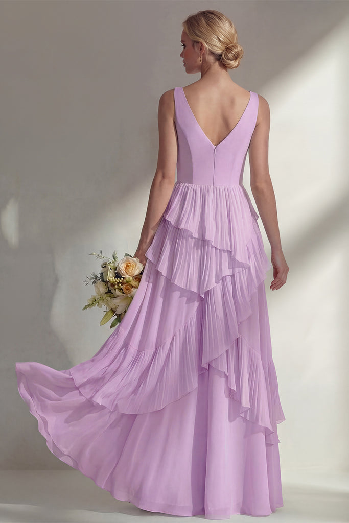Zapakasa Women Light Pink Long Beach Bridesmaid Dress with Ruffles V ...