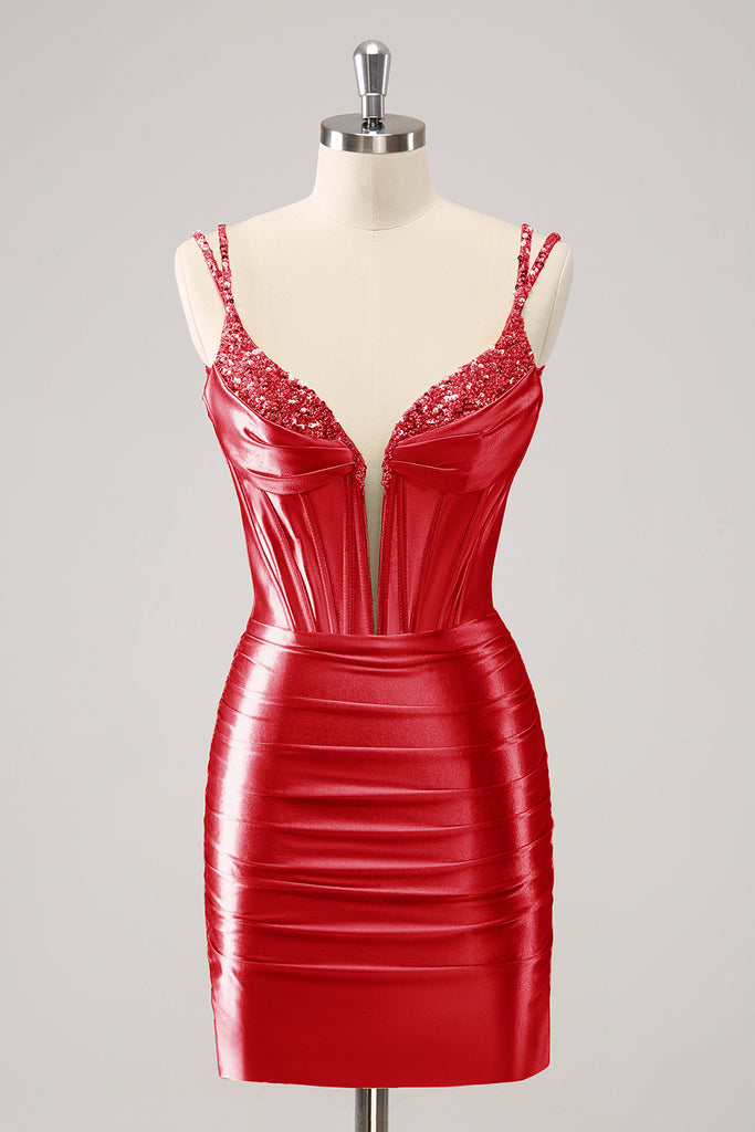 Zapaka Women Red Homecoming Dress with Sequins Spaghetti Straps Bodycon ...