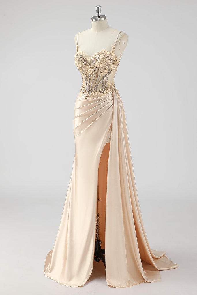 Zapakasa Women Silver Satin Prom Dress With Slit Mermaid Pleated Sheer Long Corset Sequin ...