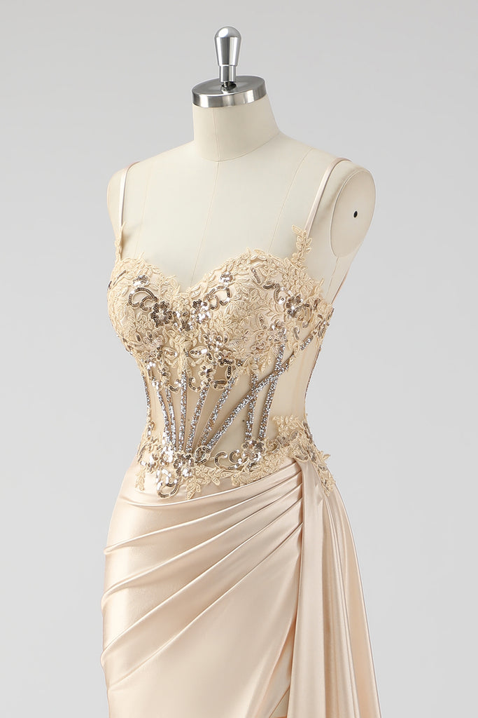 Zapakasa Women Silver Satin Prom Dress With Slit Mermaid Pleated Sheer Long Corset Sequin ...