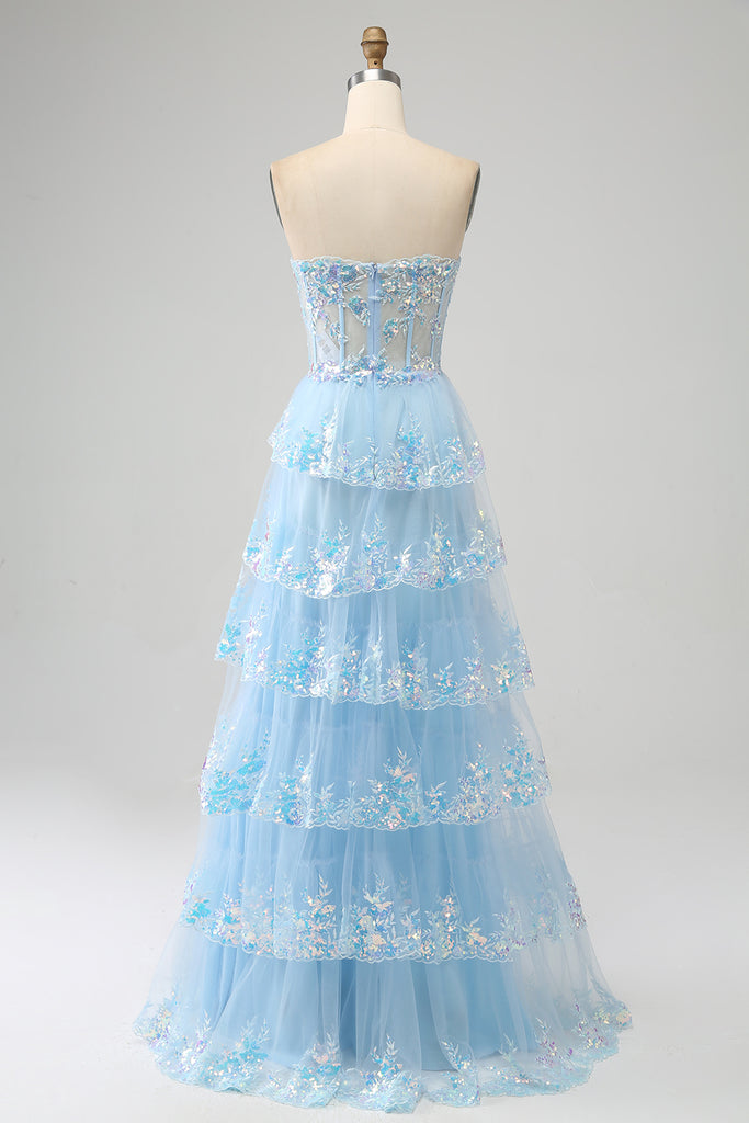 Zapakasa Women Lavender Strapless Tiered Tulle Corset Prom Dress With Appliques