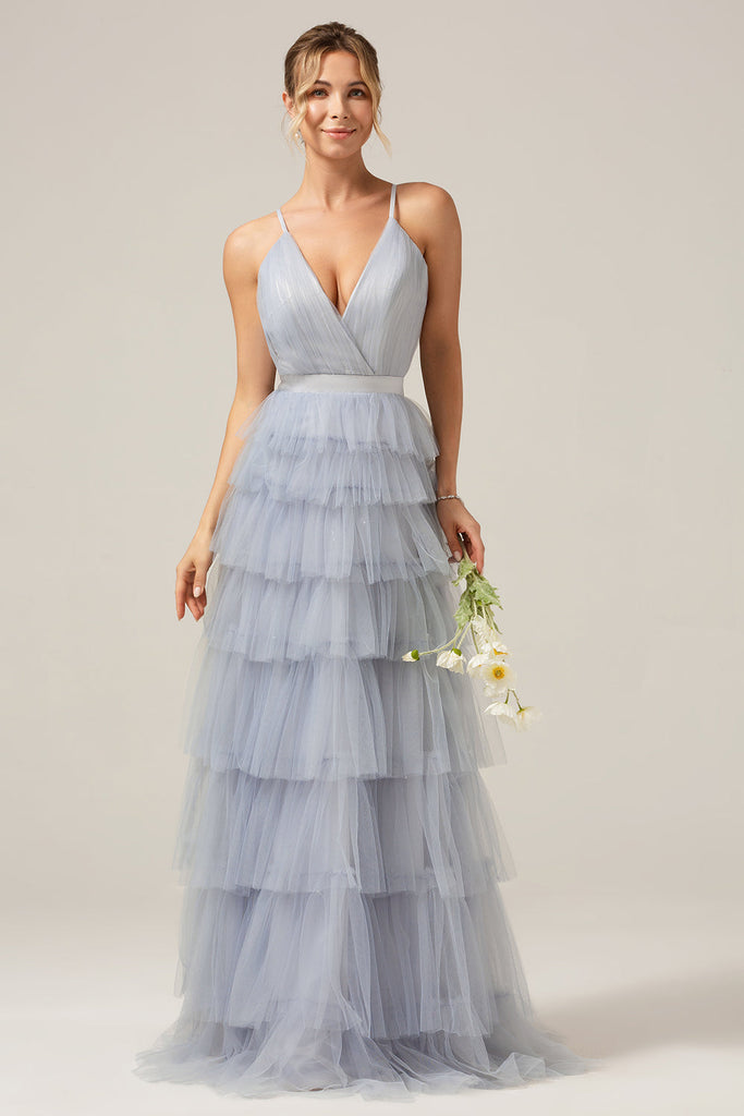 Zapakasa Women Grey Blue Prom Dress A Line Tiered Tulle Backless Long ...