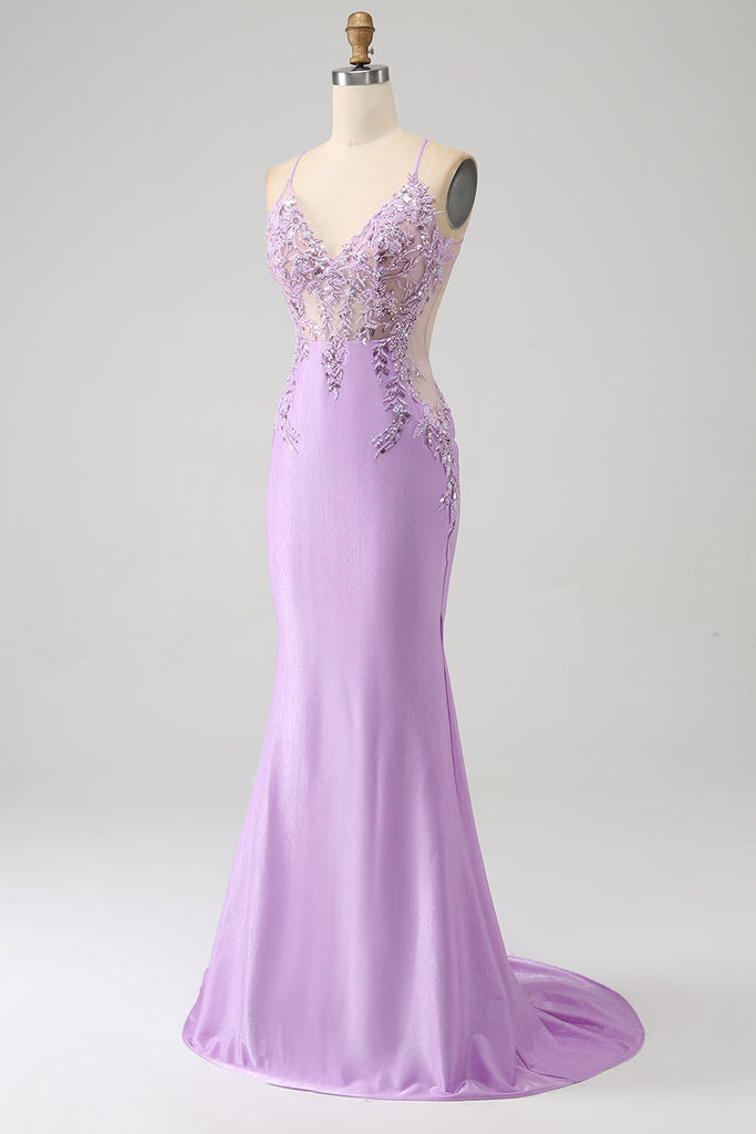 Zapakasa Women Lilac Prom Dress Mermaid V Neck Open Back Beaded Evening ...