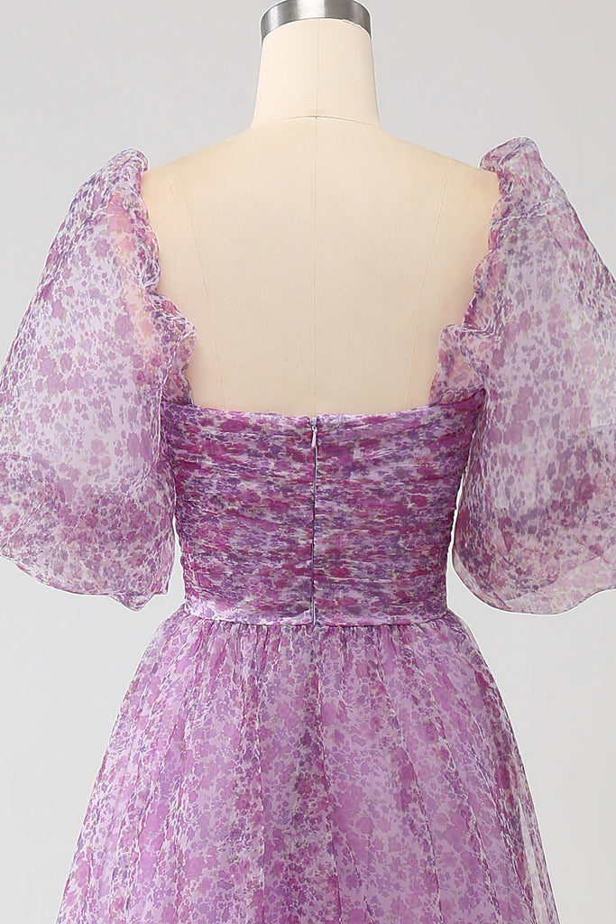 Zapakasa Women Purple Corset Prom Dress A Line Puff Sleeves Evening Dress