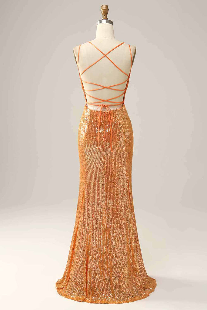 Zapaka Women Prom Dress Orange Sequined Backless Mermaid Evening Dress