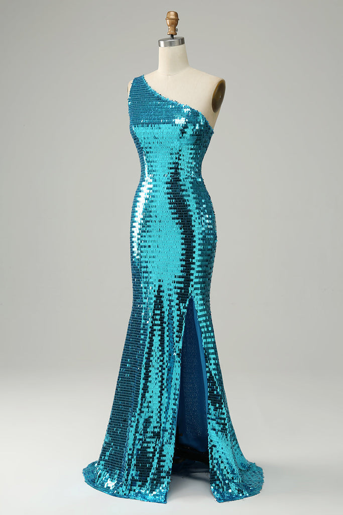 Zapakasa Women Sparkly Blue Sequins One Shoulder Long Prom Dress with Slit