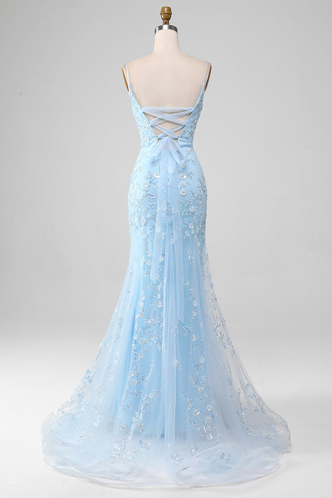 Zapakasa Women Sparkly Light Blue Beaded Mermaid Long Prom Dress ...