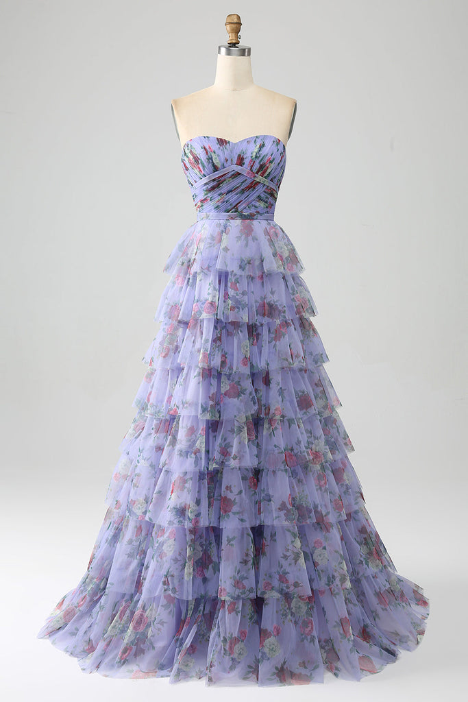 Zapakasa Women Off the Shoulder Floral Printed Tiered Prom Dress with Pleated A Line Tulle ...