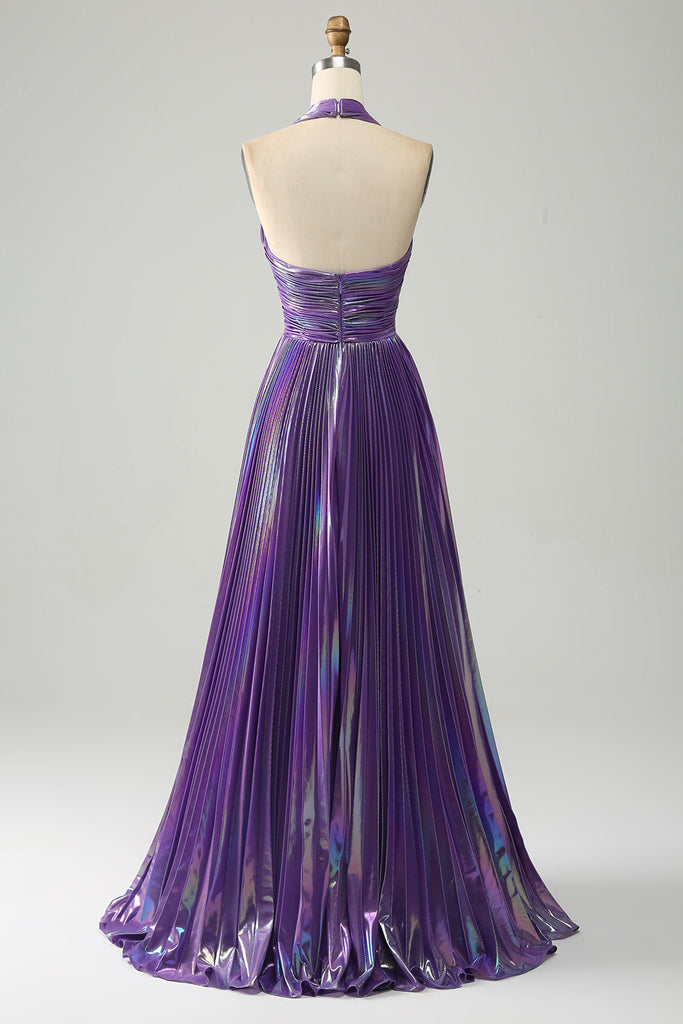 Zapakasa Women Prom Dress with Slit Sparkly Purple Halter A Line Formal ...