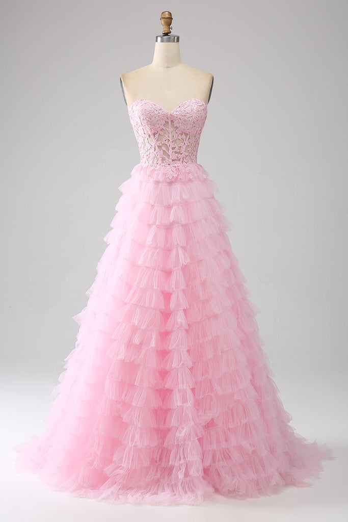 Zapakasa Women Pink A Line Strapless Tiered Long Corset Prom Dress