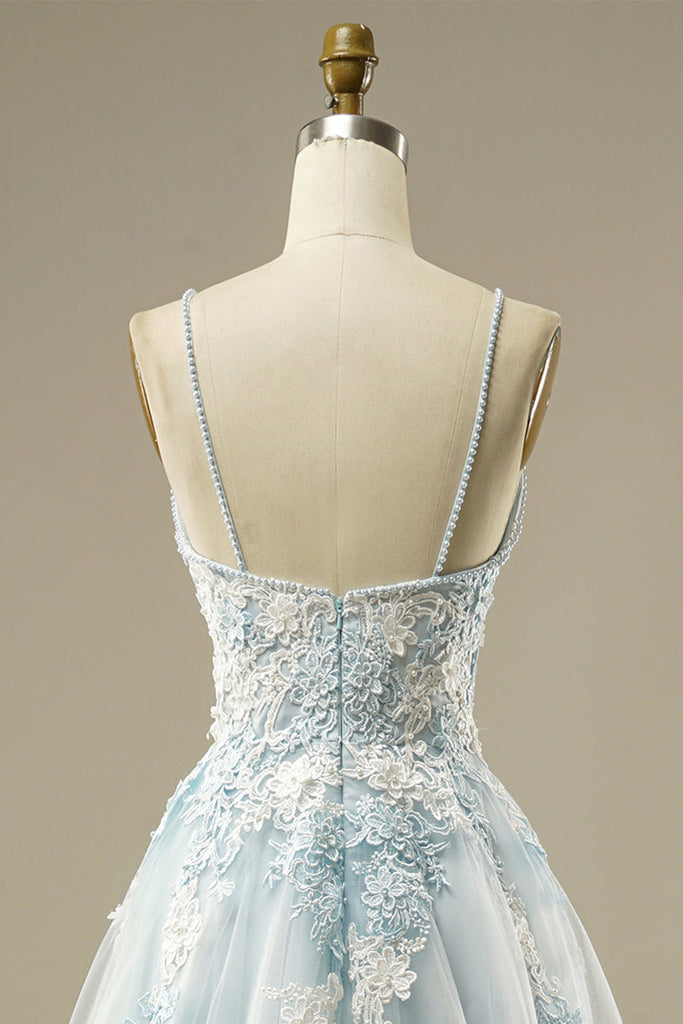 Zapakasa A-line Light Blue Tulle Long Senior Prom Dress with Appliques